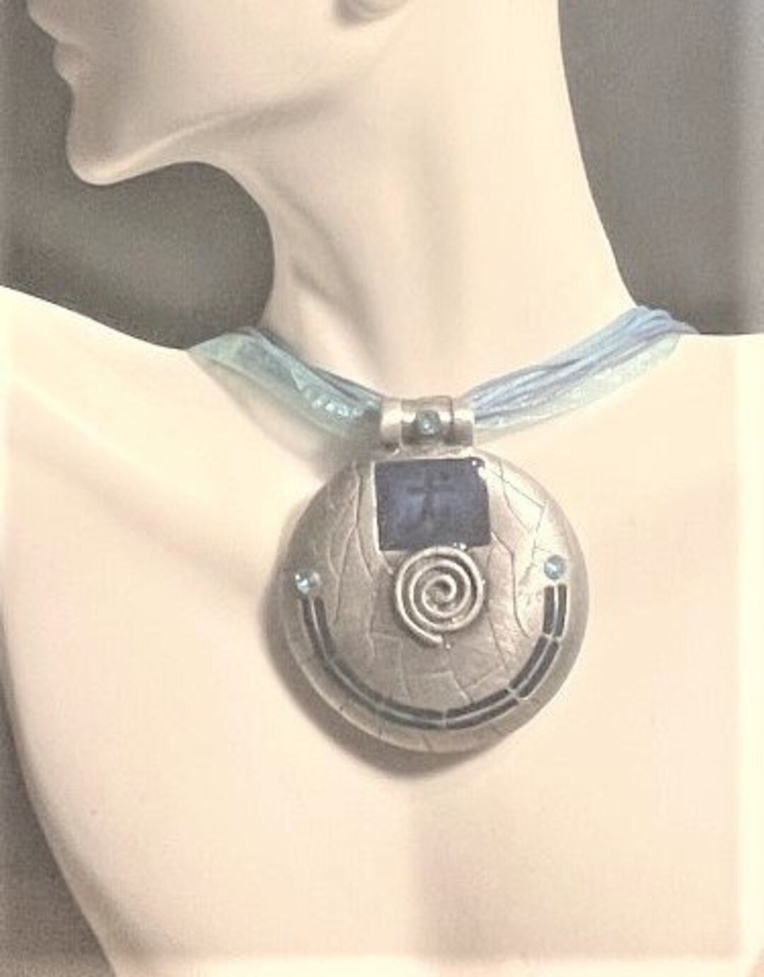 Pewter Look Round Metal Medallion & Crystal Necklace ,adjustable ...