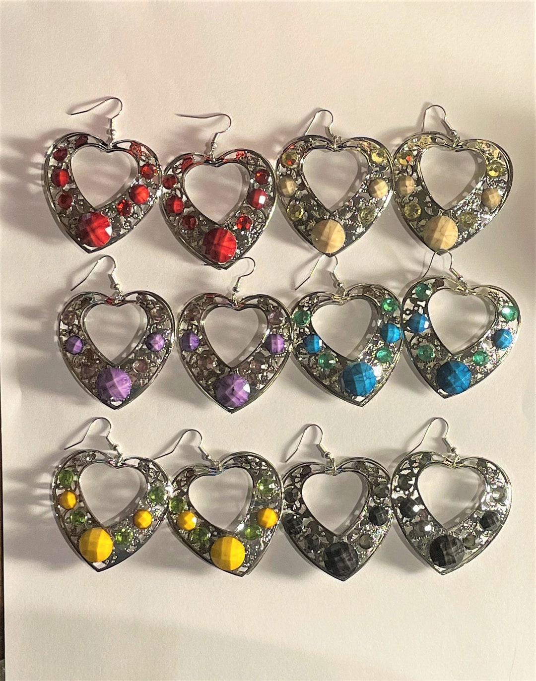 Large Crystal Puffed Heart Hoop Earrings, Open Heart Dangle Earrings ...