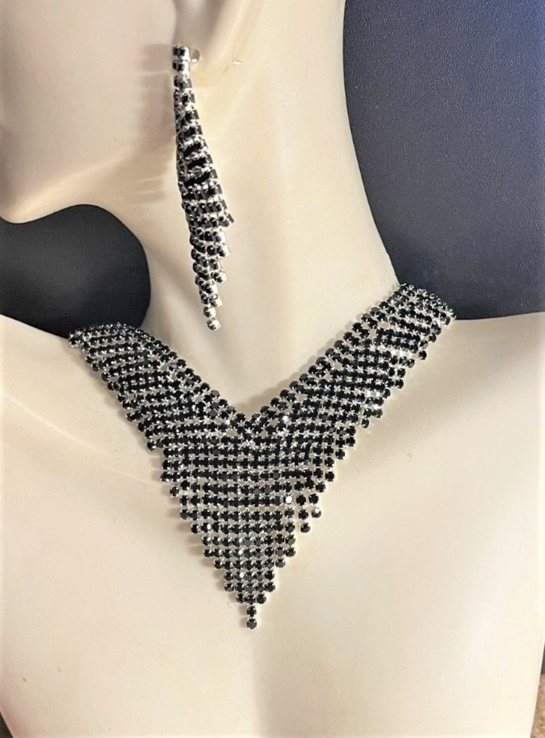 Black Crystal Rhinestone Fringe Jewelry Set, Black Rhinestone Tassel ...