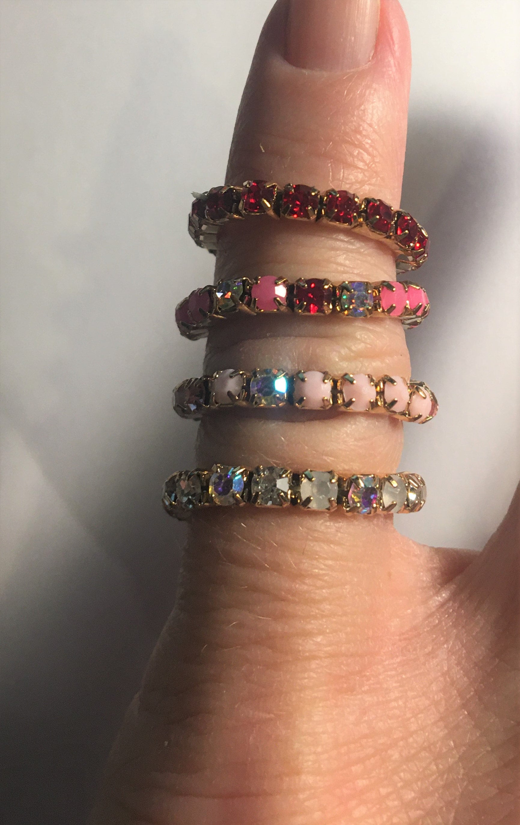 Crystal 1 Row Elastic Stretch Rings Multi Color Gold Tone | Etsy