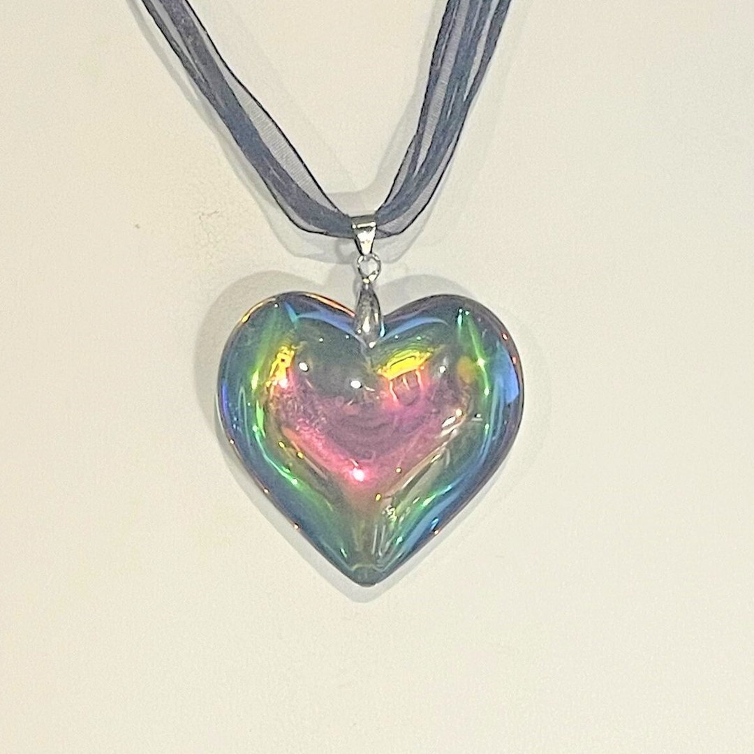 Large Rainbow Glass Heart Pendant Necklace , Iridescent Heart Necklace ...