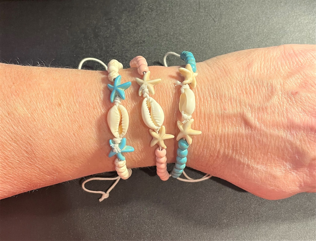 Adjustable Starfish Seashell Beaded Bracelet , Stackable Bracelet ...