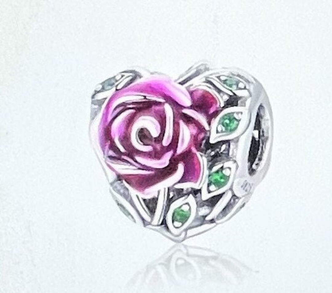 Rose Flower Heart Charm Fits Pandora Bracelet , CZ Flower Charm , 925 ...