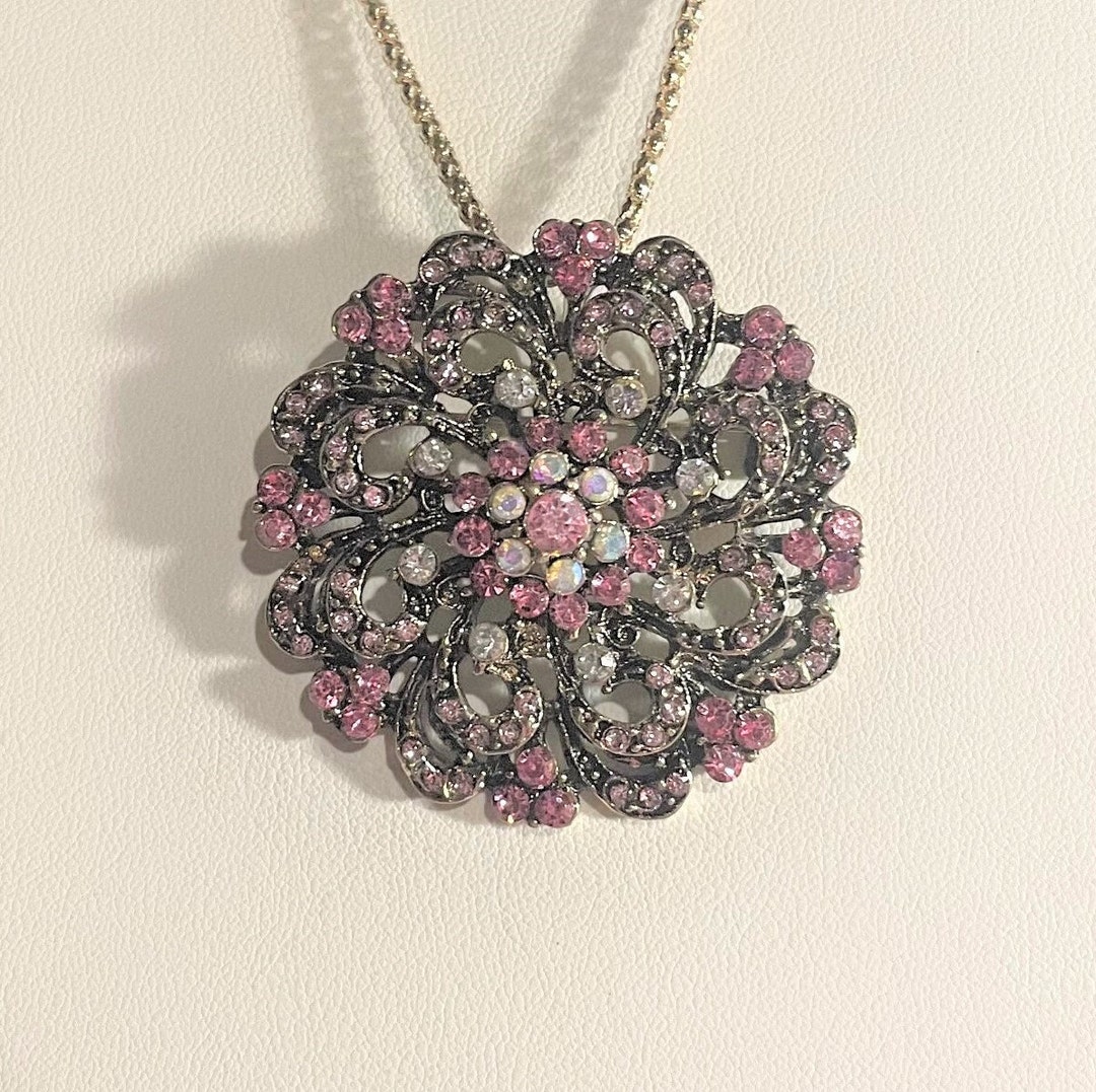 Vintage Betsey Johnson Pink Crystal Pendant Necklace , Brooch , Flower ...