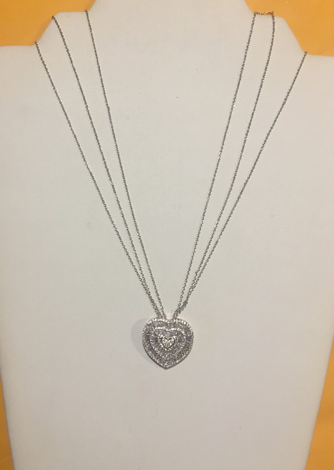 CZ Heart Multi Strand Necklace, Baguette Rows Heart , Sterling Silver ...