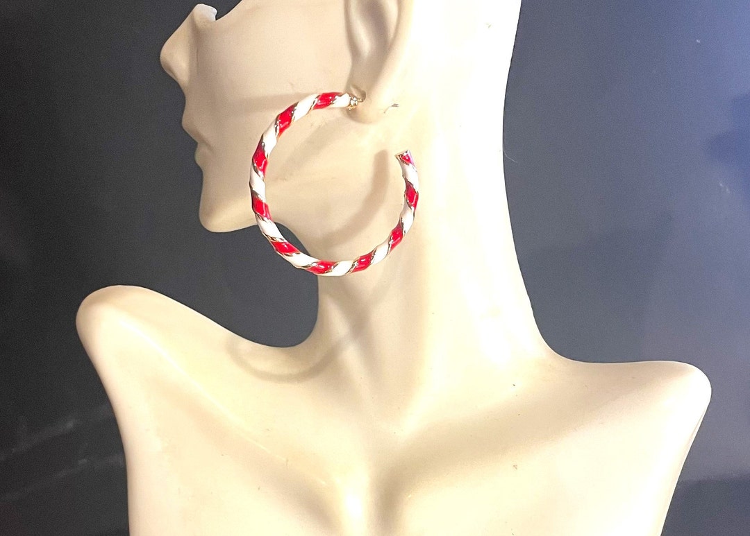 Christmas Earrings Candy Cane Hoops Red White Christmas Hoop