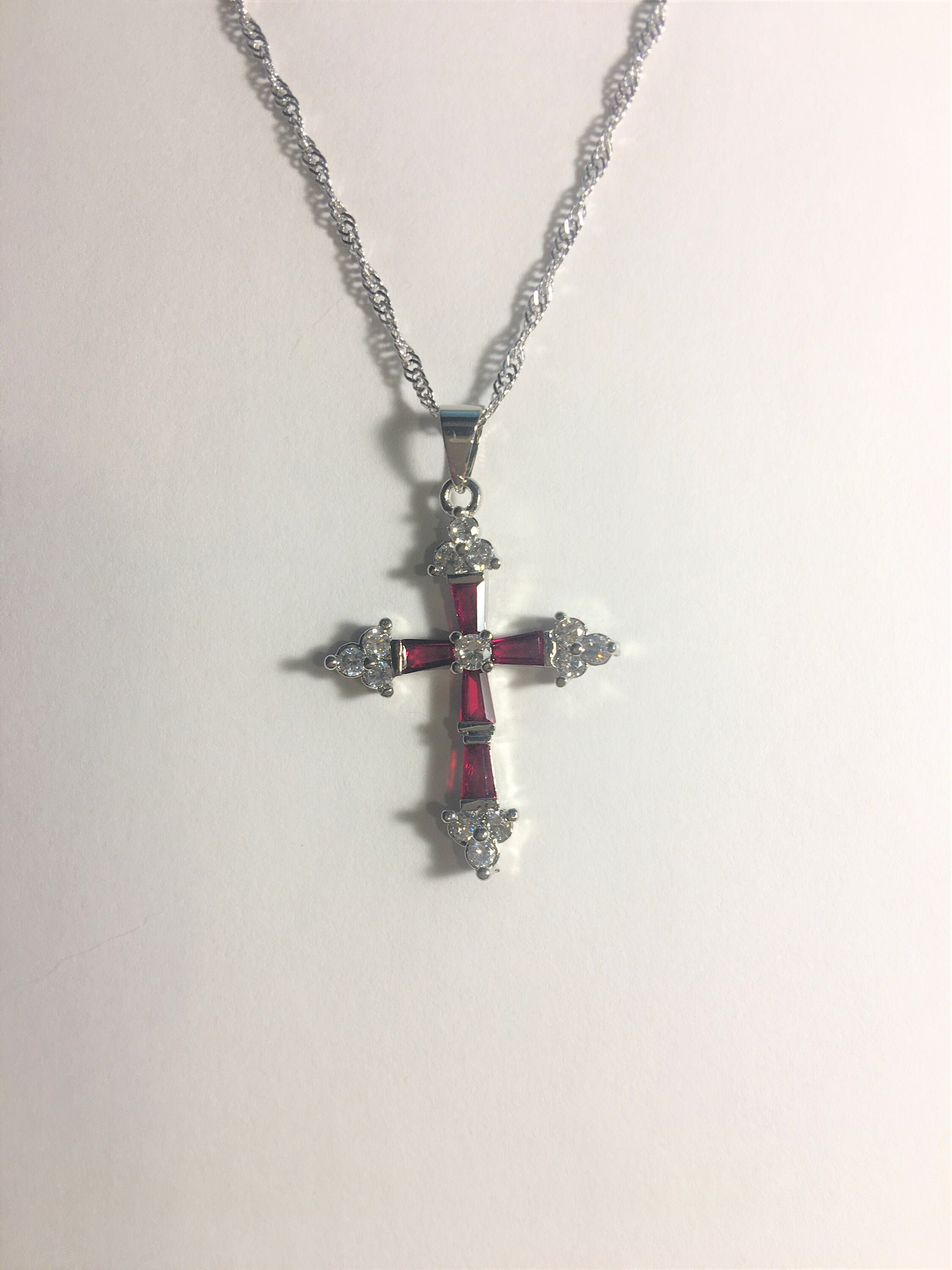 Ruby Red Cross Pendant Necklace, Gemstone Cross Necklace , CZ Cross ...