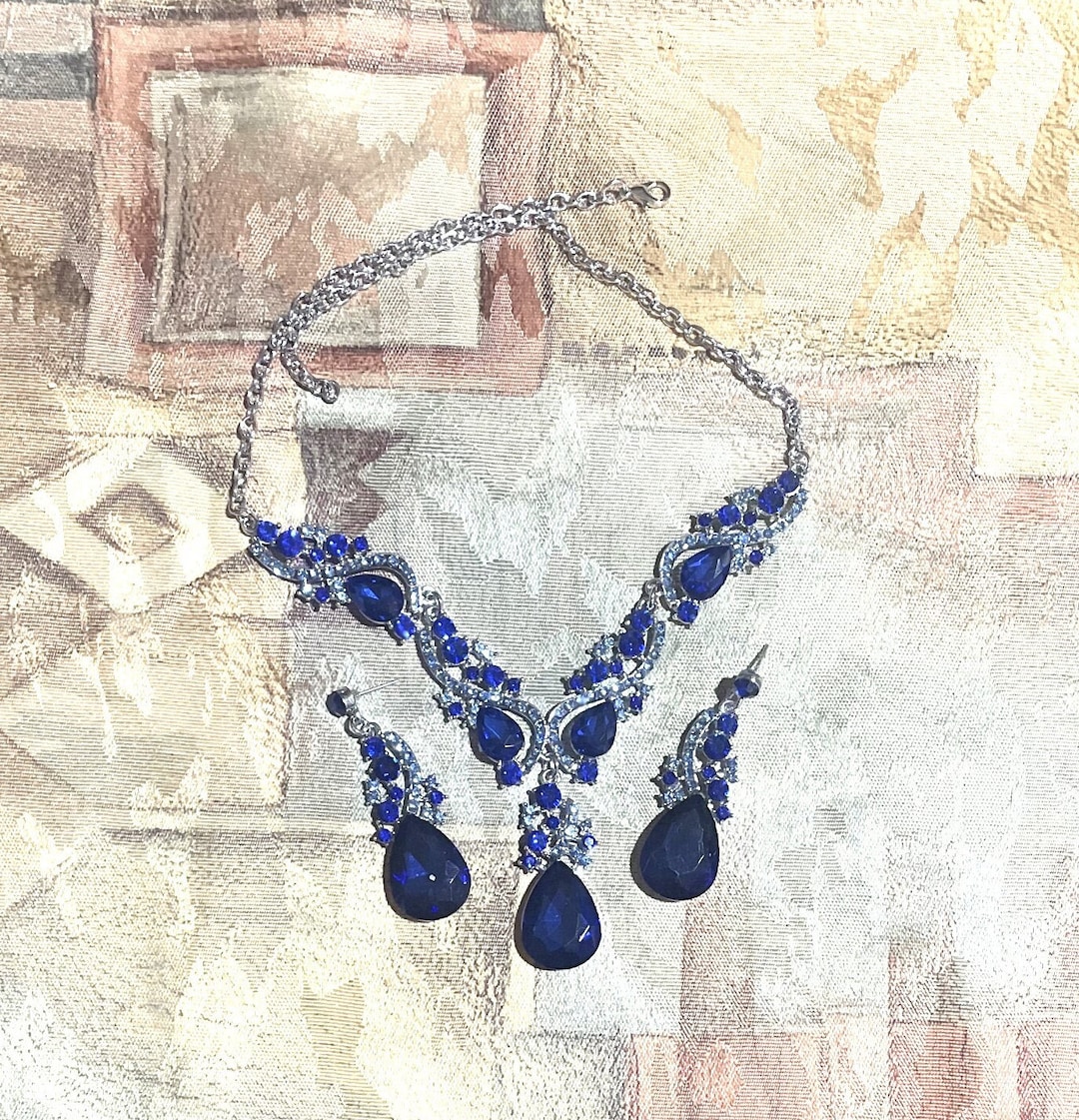 Dark Blue Drop Necklace and Earrings Set , Blue Crystal Jewelry Set ...