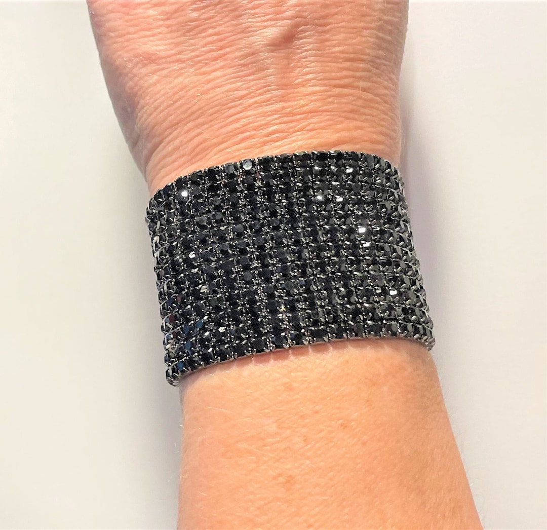 Black Rhinestone Wide Stretch Statement Bracelet , 12 Row Black ...