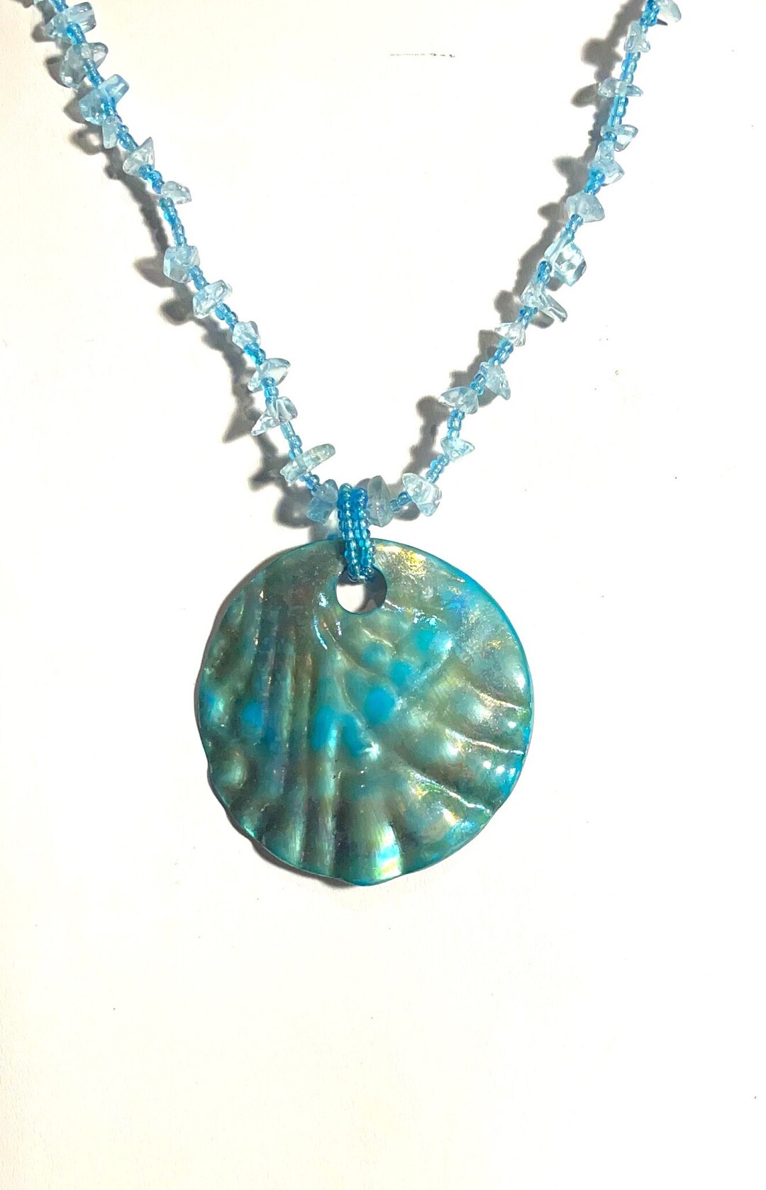 Blue Glazed Seashell Beaded Necklace, Seashell Pendant Necklace , Glass ...