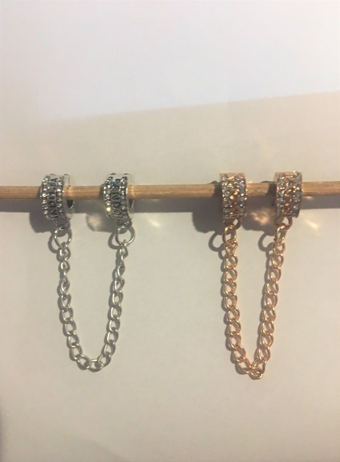 Logo Safety Chain Charm Fits Pandora Bracelets , Silver or Rose Gold CZ ...