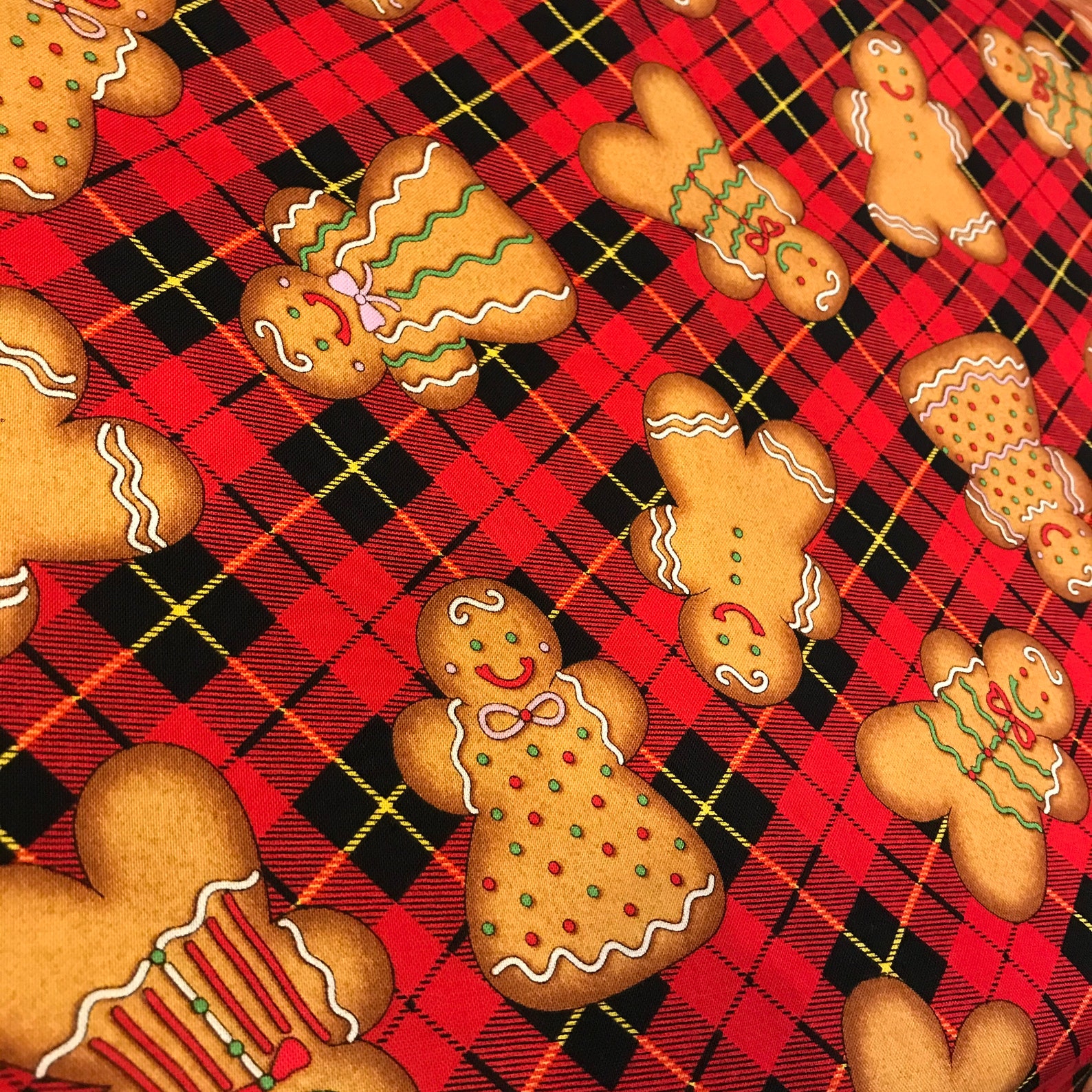 Gingerbread Man Christmas Cotton Fabric on Red Plaid by Fat | Etsy