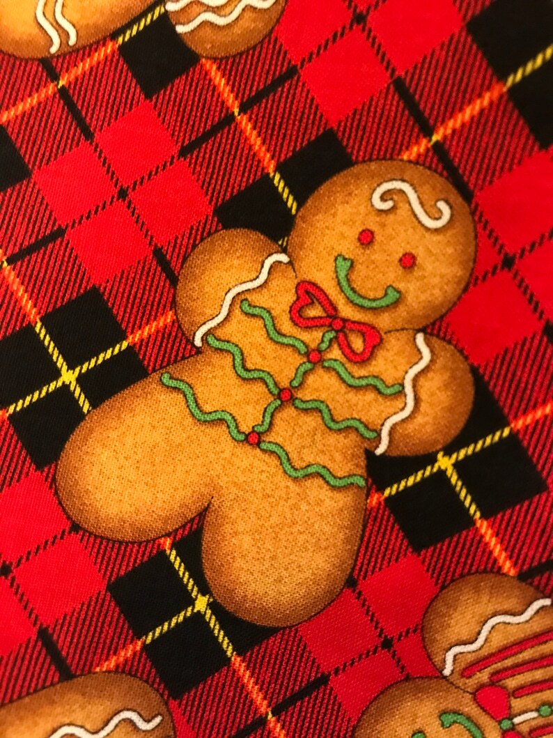 Gingerbread Man Christmas Cotton Fabric on Red Plaid by Fat | Etsy