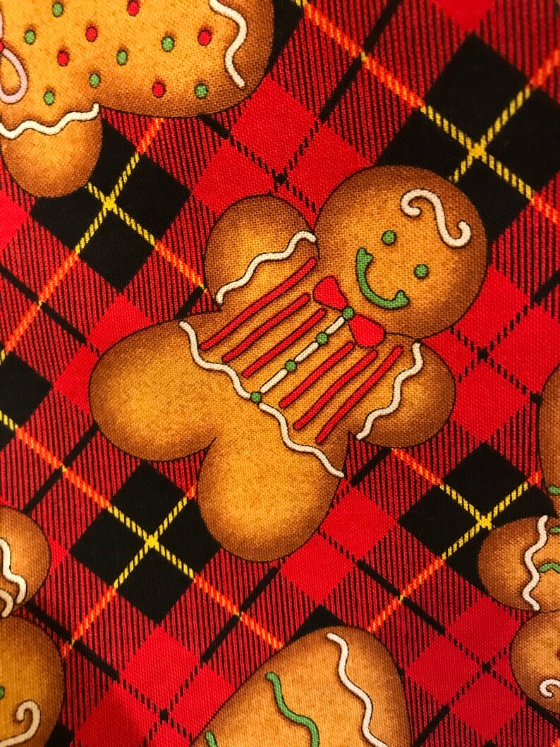 Gingerbread Man Christmas Cotton Fabric on Red Plaid by Fat | Etsy
