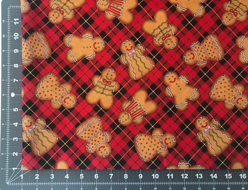 Gingerbread Man Christmas Cotton Fabric on Red Plaid by Fat | Etsy