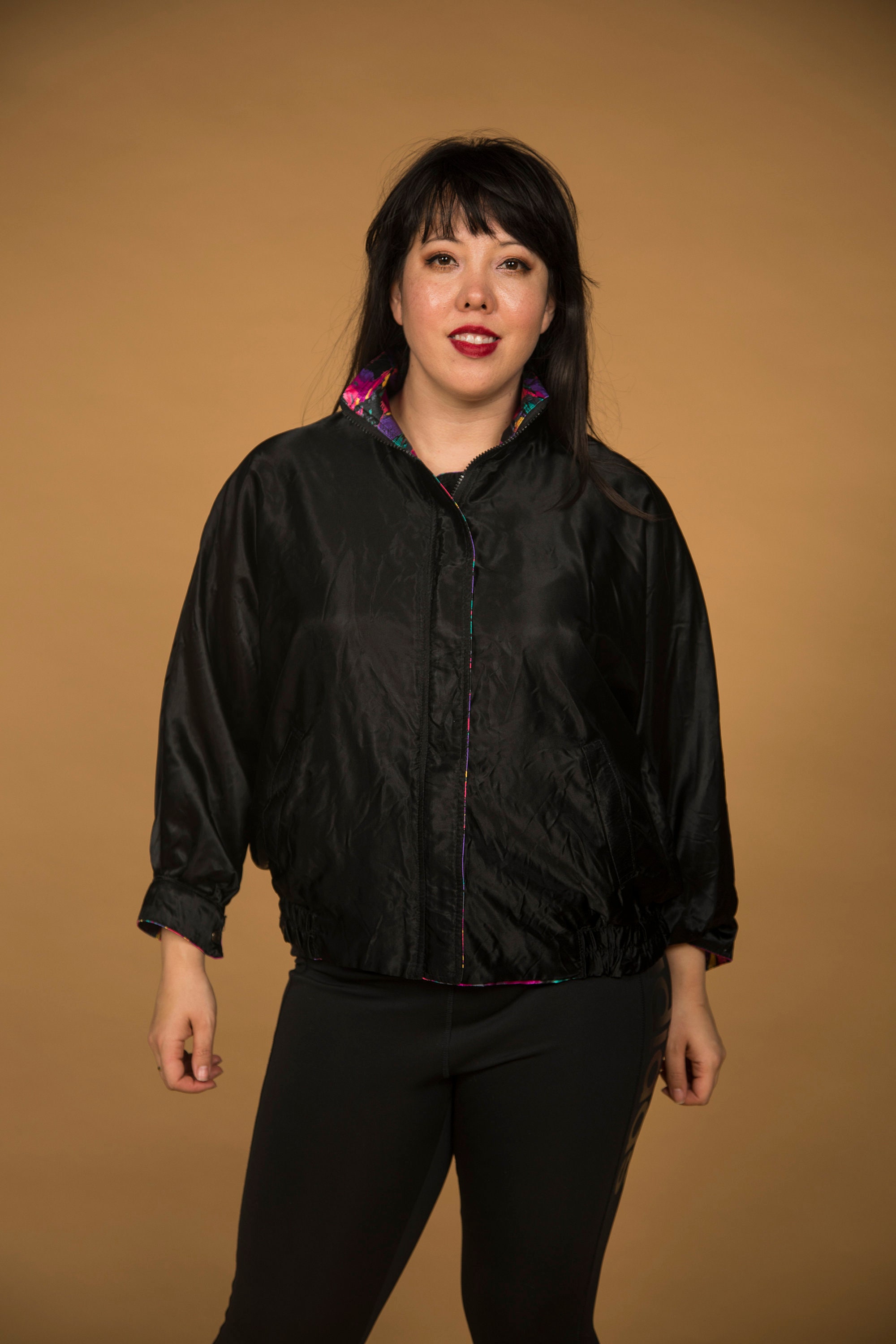 Fun 1980s Reversible Neon and Black Silky Liquid Bomber Jacket - Extra ...