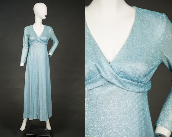 1970s Kelly Arden Baby Blue Disco Dress Silver Thread… - Gem