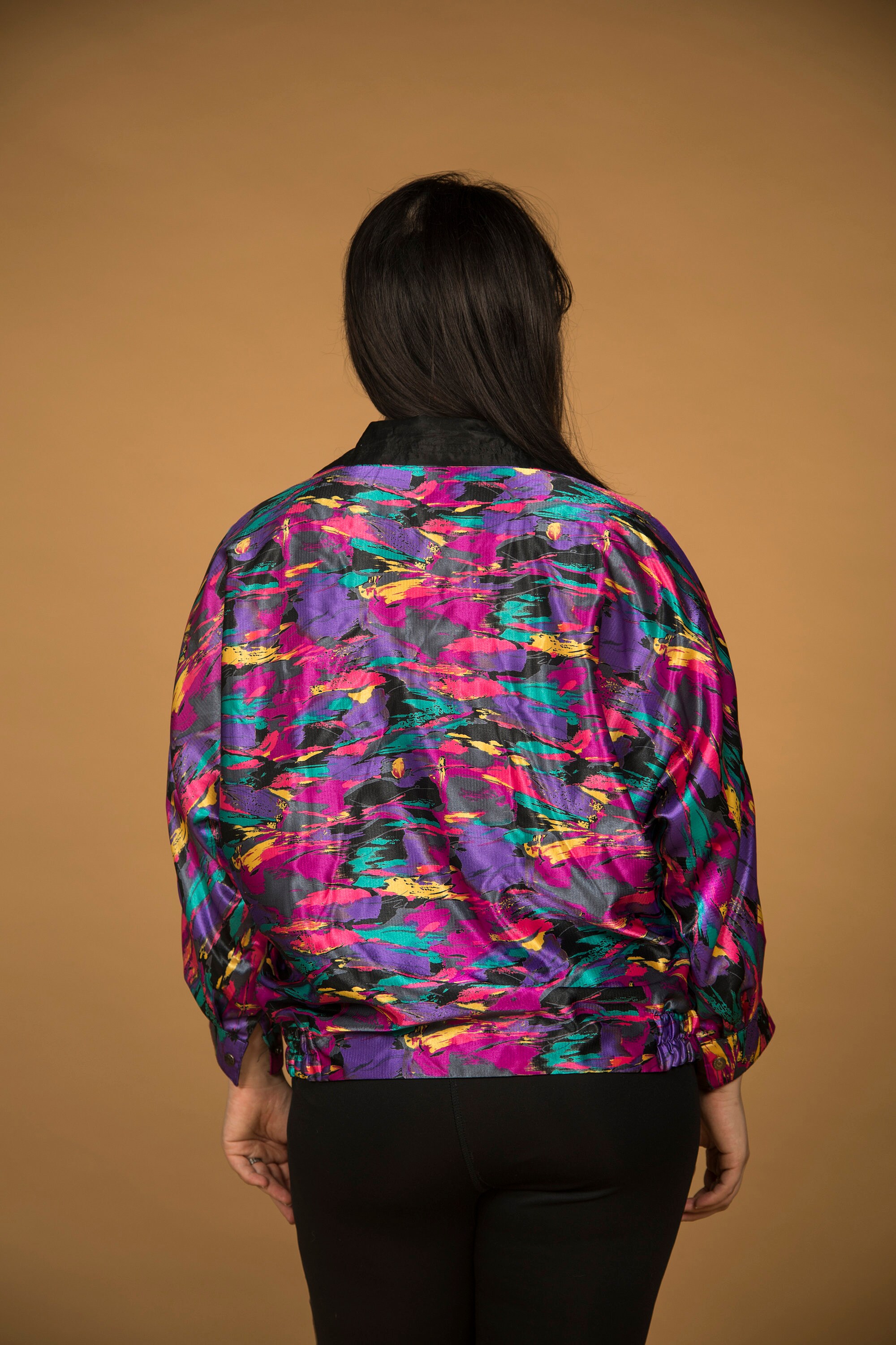 Fun 1980s Reversible Neon and Black Silky Liquid Bomber Jacket - Extra ...