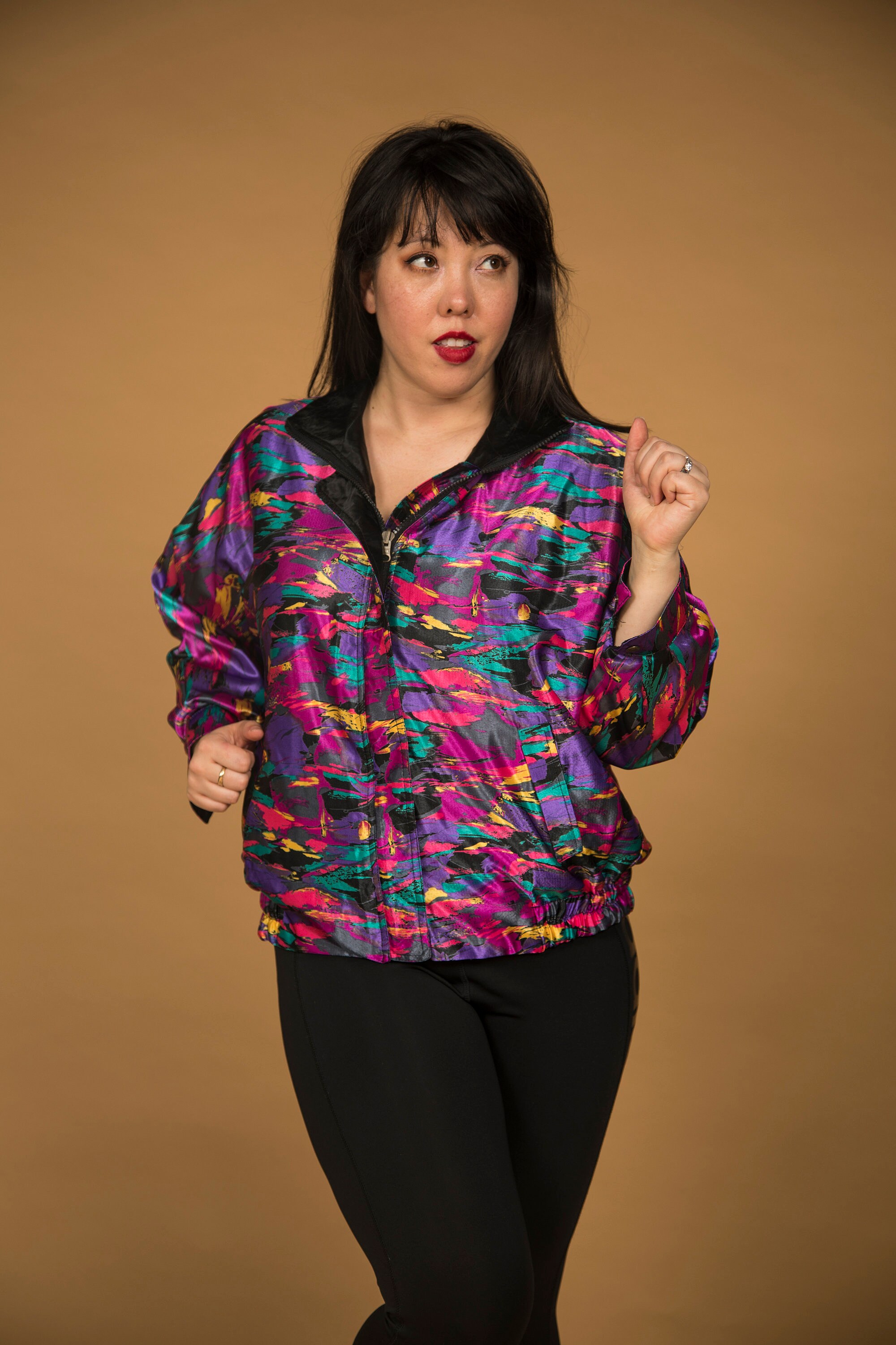 Fun 1980s Reversible Neon and Black Silky Liquid Bomber Jacket - Extra ...