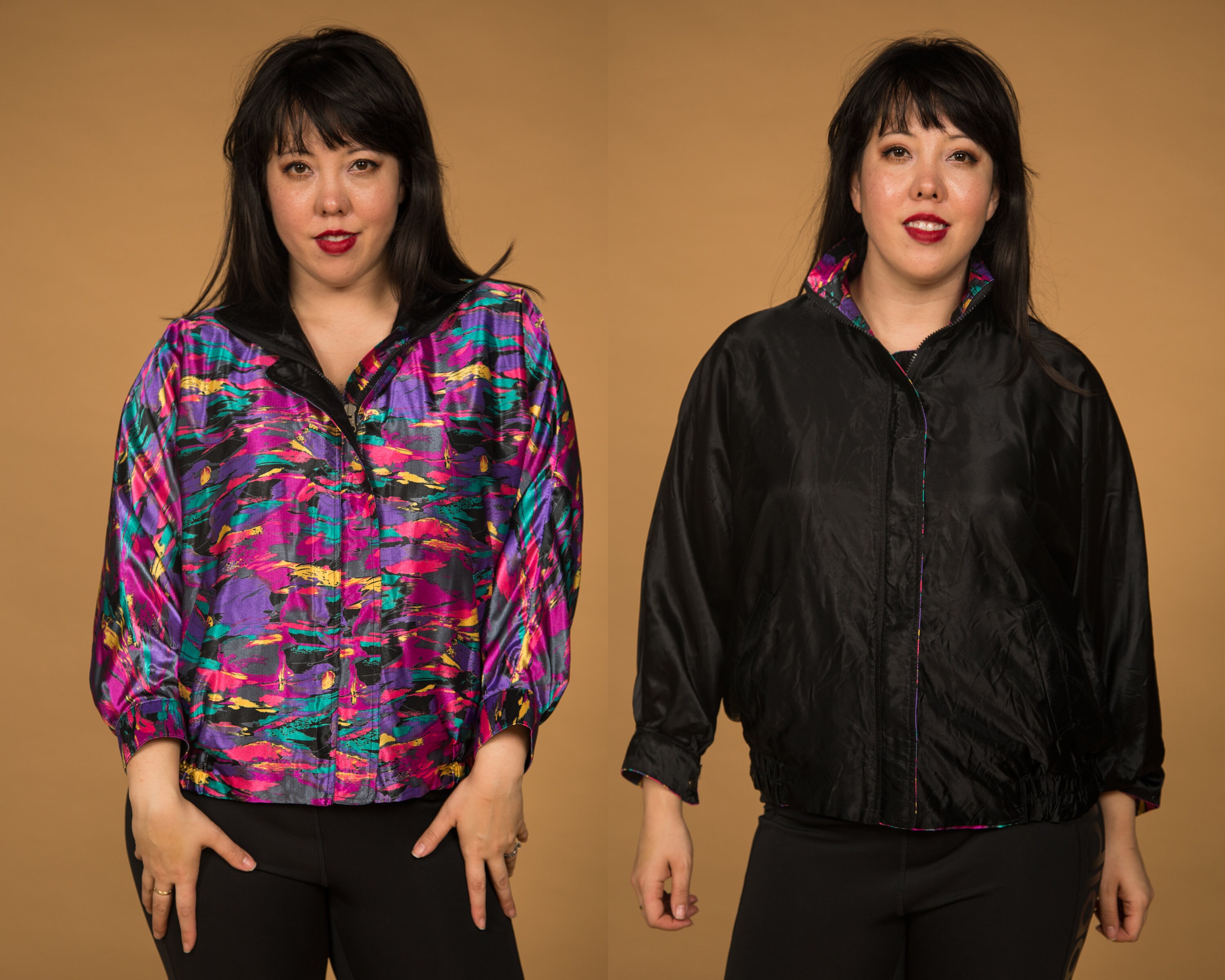 Fun 1980s Reversible Neon and Black Silky Liquid Bomber Jacket - Extra ...