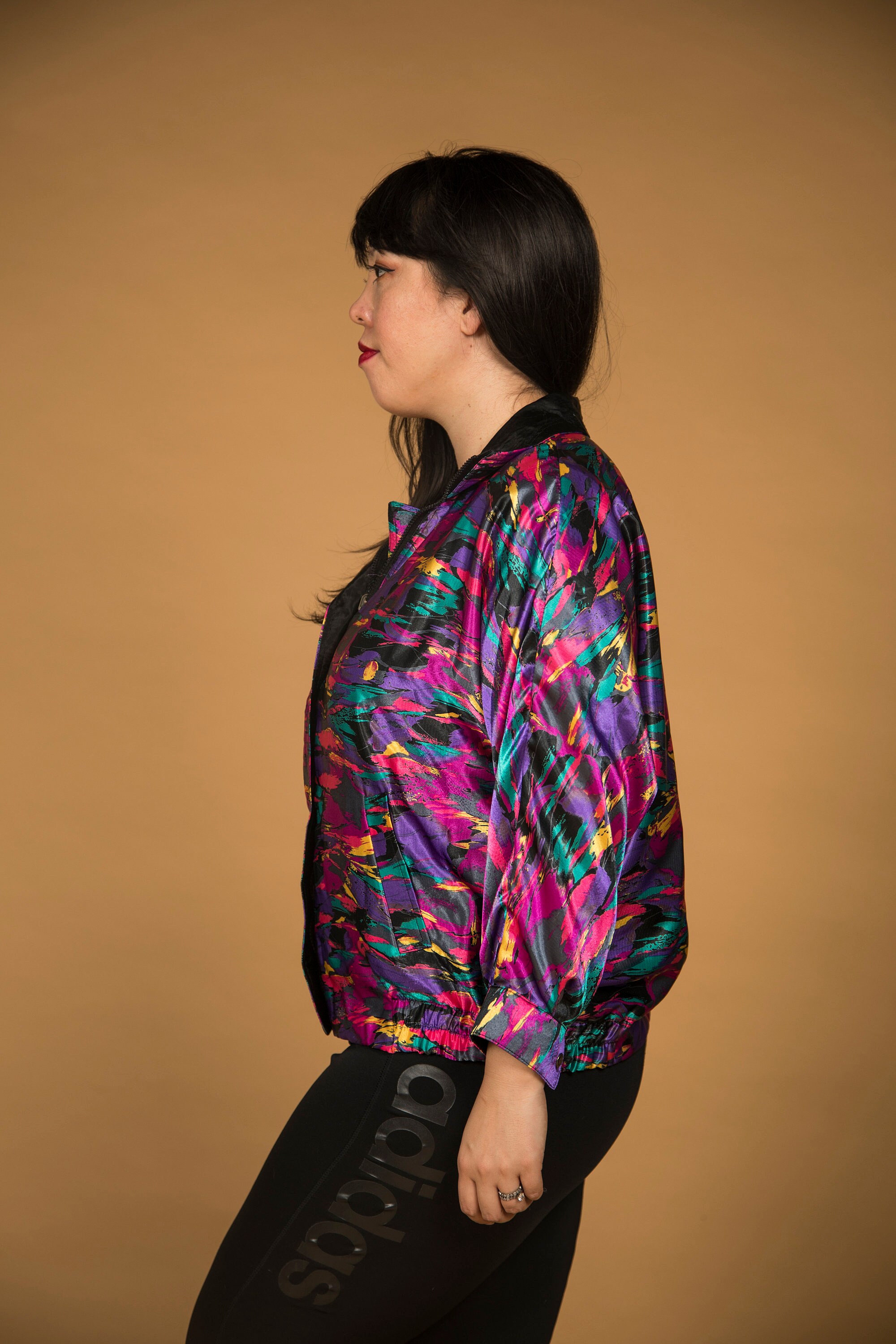 Fun 1980s Reversible Neon and Black Silky Liquid Bomber Jacket - Extra ...