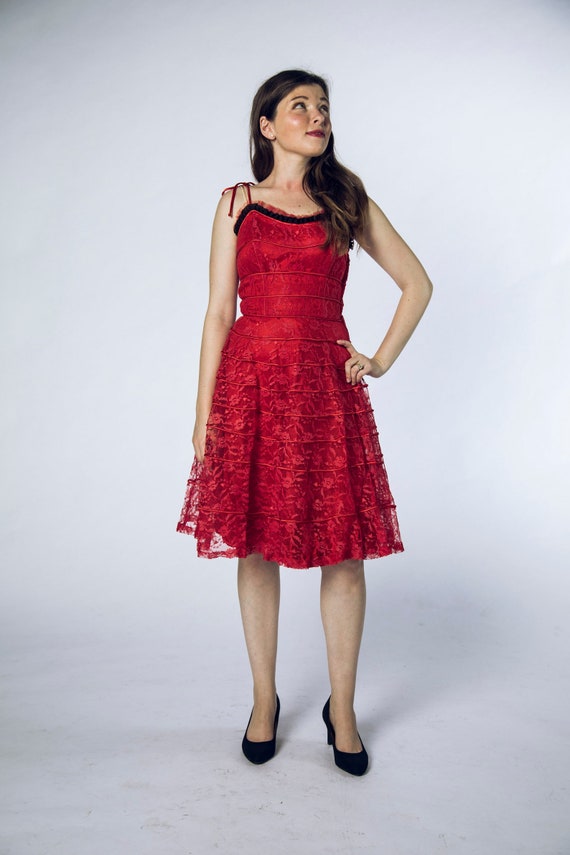 Sassy 1950s Red Lace Can Can Style Can Can Girl Dress… - Gem