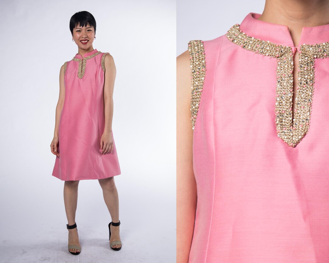 1960s Gladys Scott Pink Mod Dress With Gold Metallic Bead Rhinestone ...