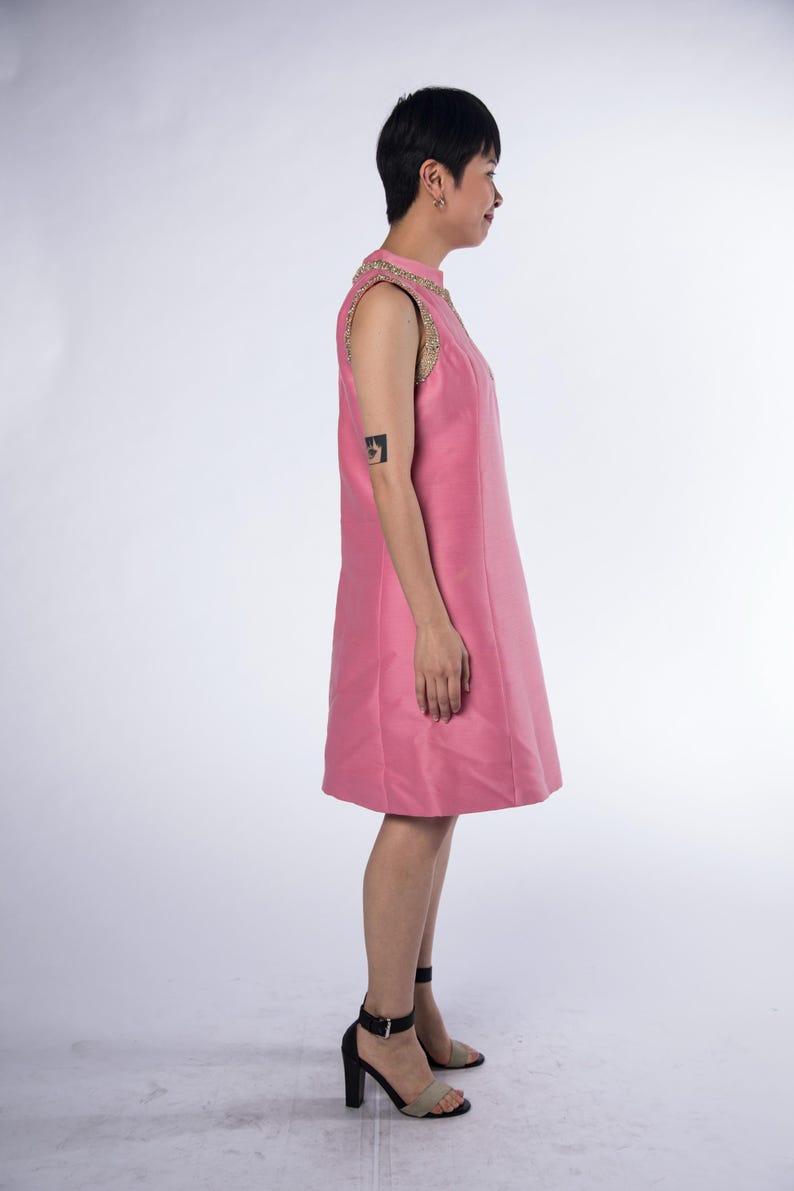 1960s Gladys Scott Pink Mod Dress With Gold Metallic Bead Rhinestone ...