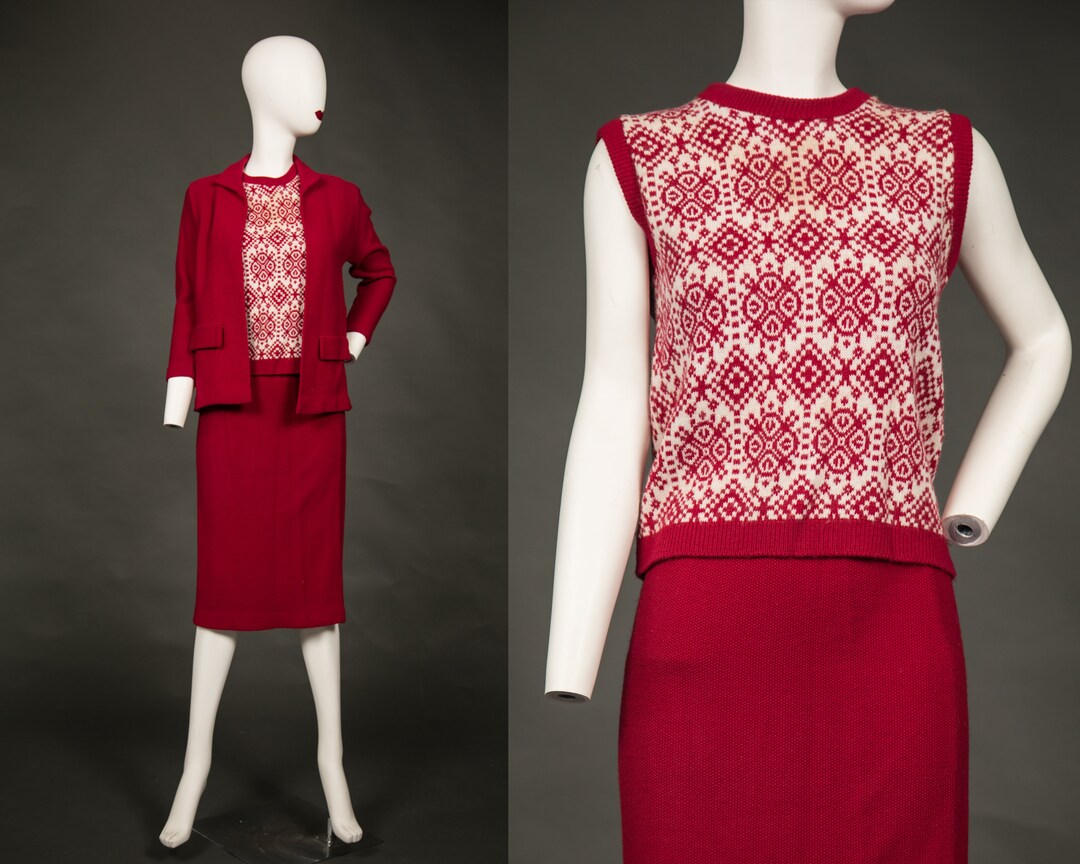 Gorgeous 1950s Toby Berman Red White 3 Piece Knit Set Skirt Vest Jacket ...