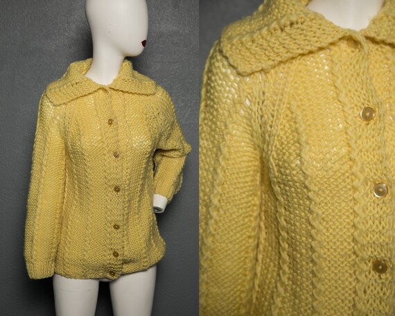 Beautiful 1960s Chunky 100% Wool Pastel Yellow Sweate… - Gem