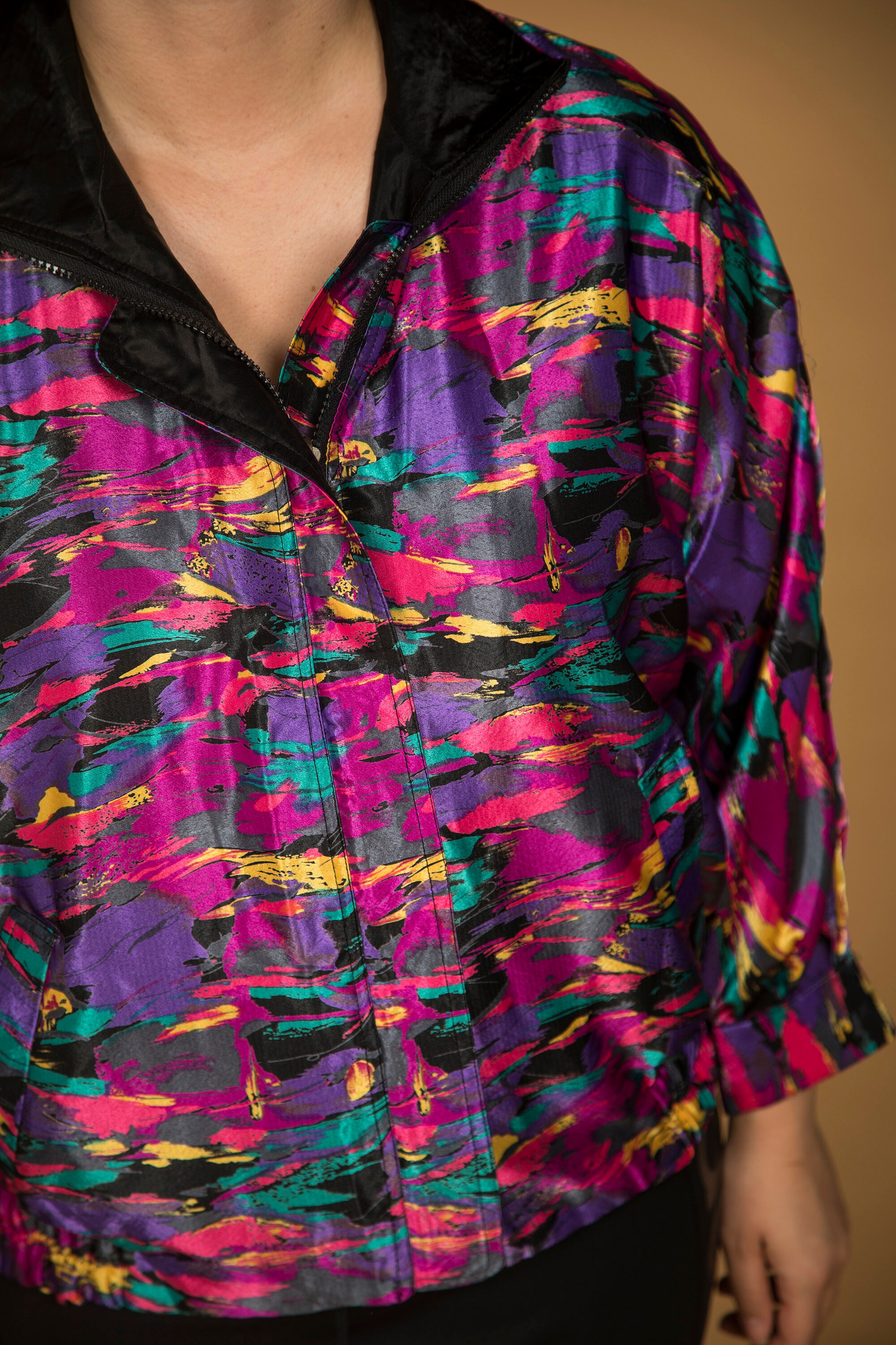 Fun 1980s Reversible Neon and Black Silky Liquid Bomber Jacket - Etsy