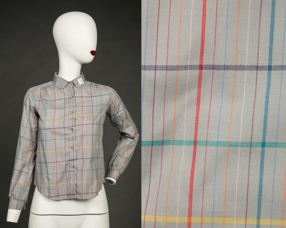 1980s NWT Lee Button Up Plaid Gray Rainbow - Youth 12 - Gem