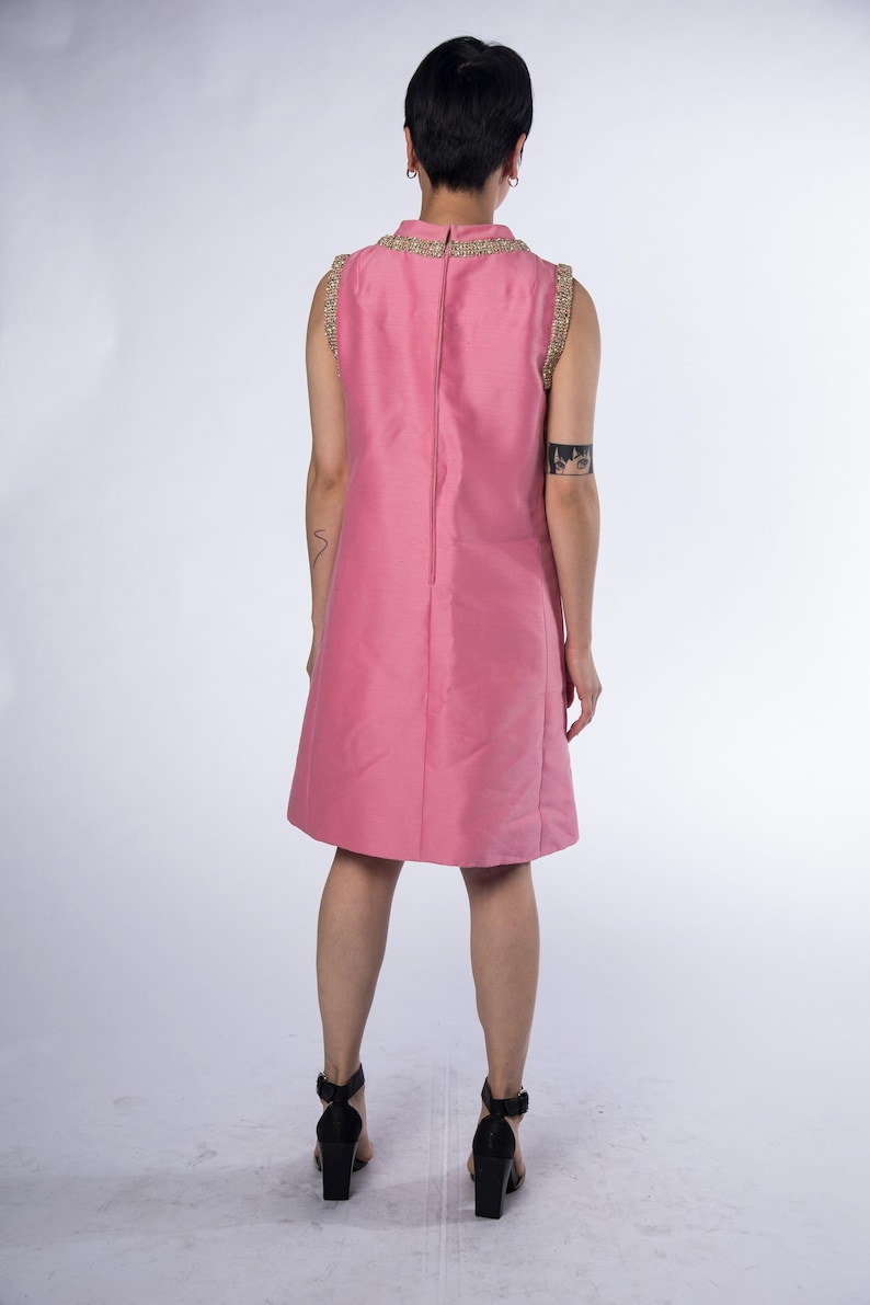 1960s Gladys Scott Pink Mod Dress With Gold Metallic Bead Rhinestone ...