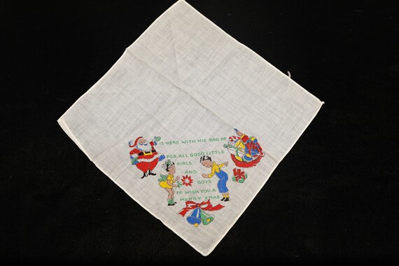 Vintage Christmas Handkerchief w Kids Santa Toys - Gem