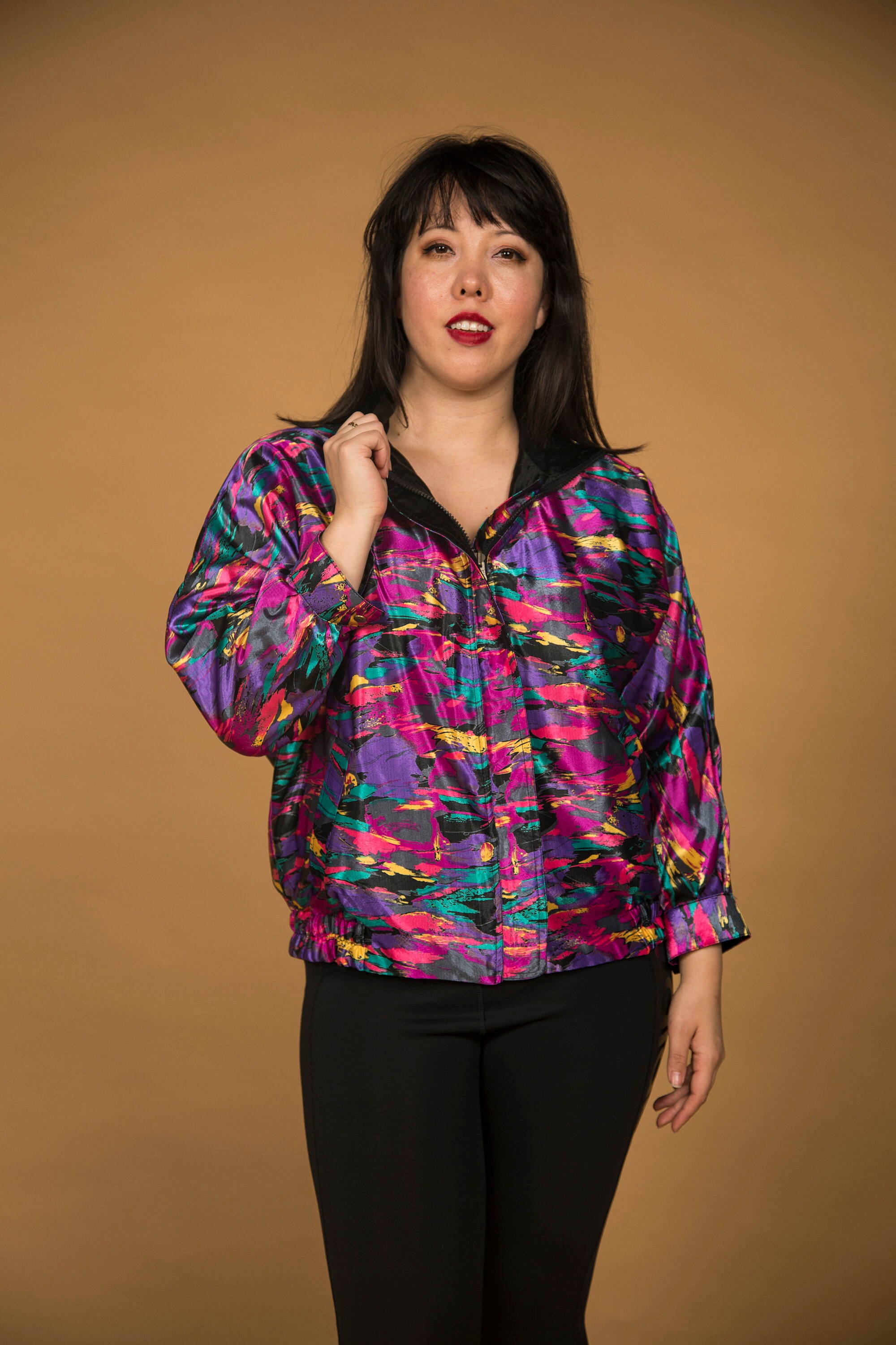 Fun 1980s Reversible Neon and Black Silky Liquid Bomber Jacket - Extra ...