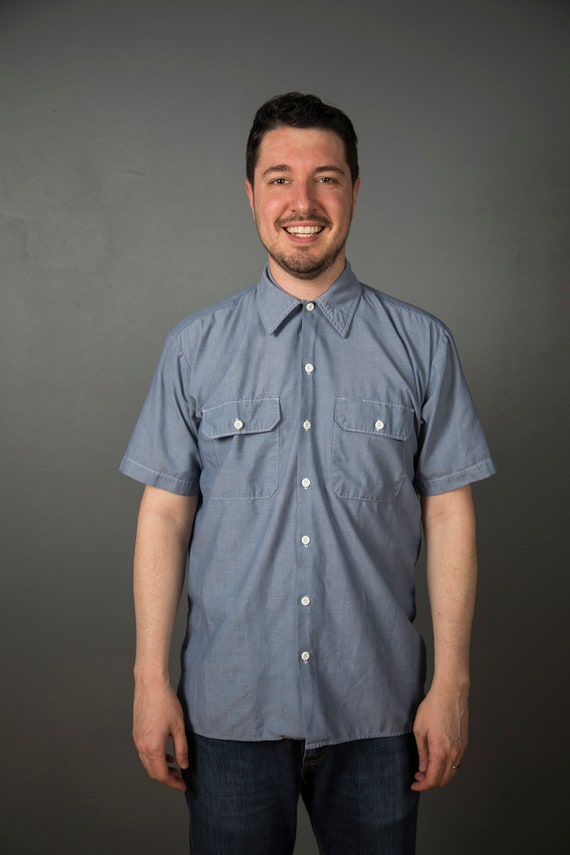 1990s Light Blue Dickies Work Button Up Shirt Short S… - Gem