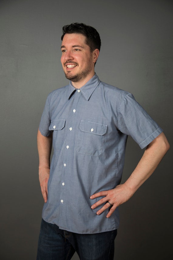 1990s Light Blue Dickies Work Button Up Shirt Short S… - Gem