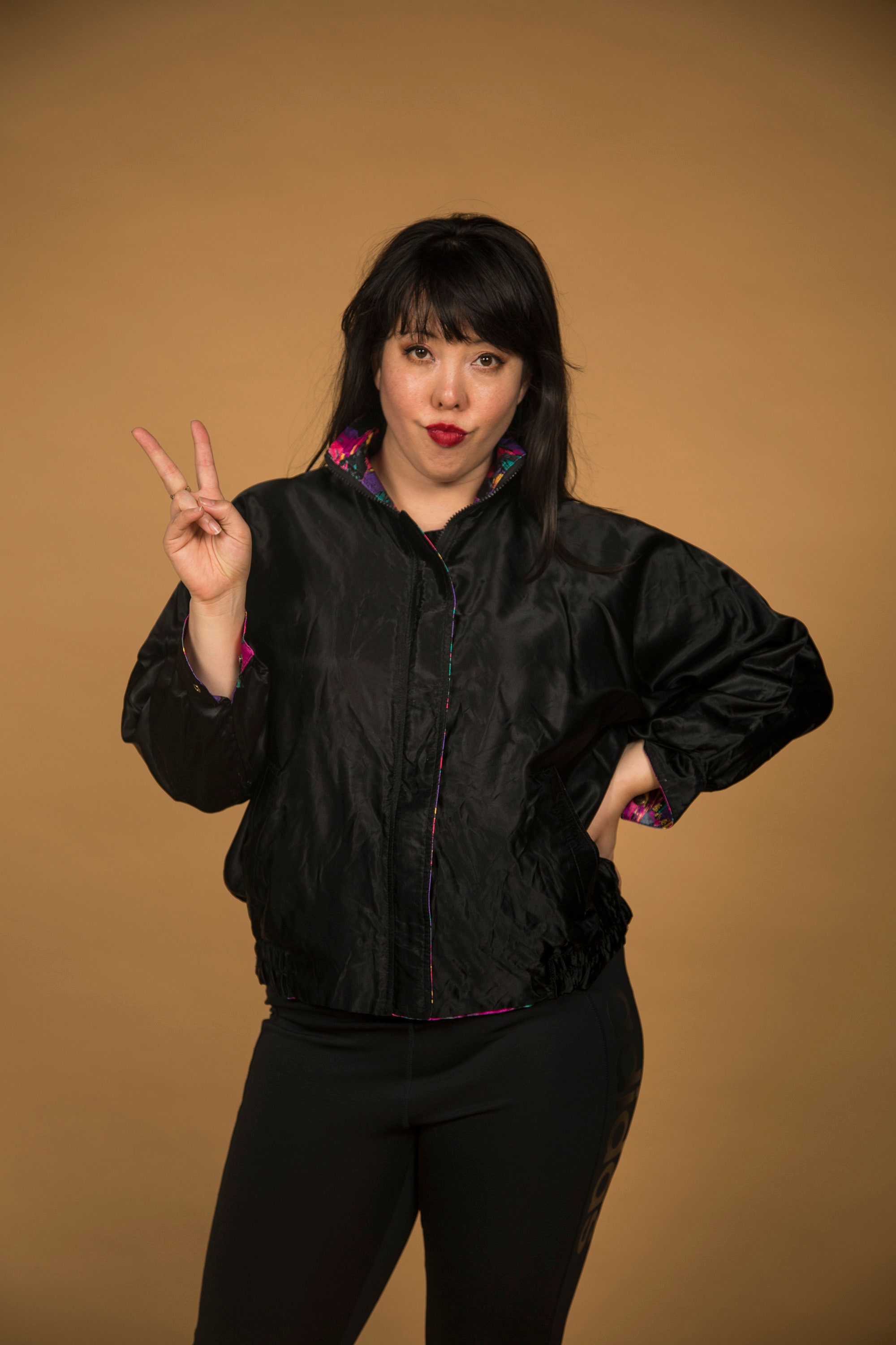 Fun 1980s Reversible Neon and Black Silky Liquid Bomber Jacket - Extra ...