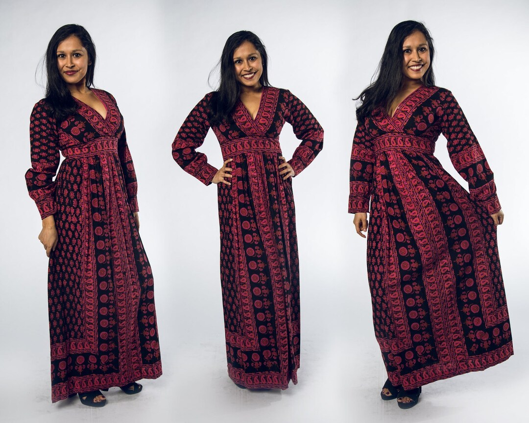 1960s - 1970s Karavan Maxi Black Dress With Purple Paisley and Floral ...