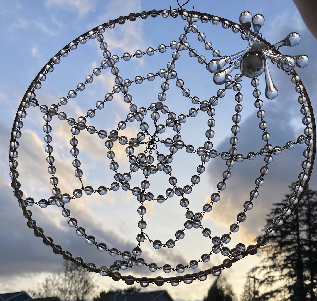 Beaded Spider Web With Spider Repurposed Chandelier Beads Home Decor - Etsy