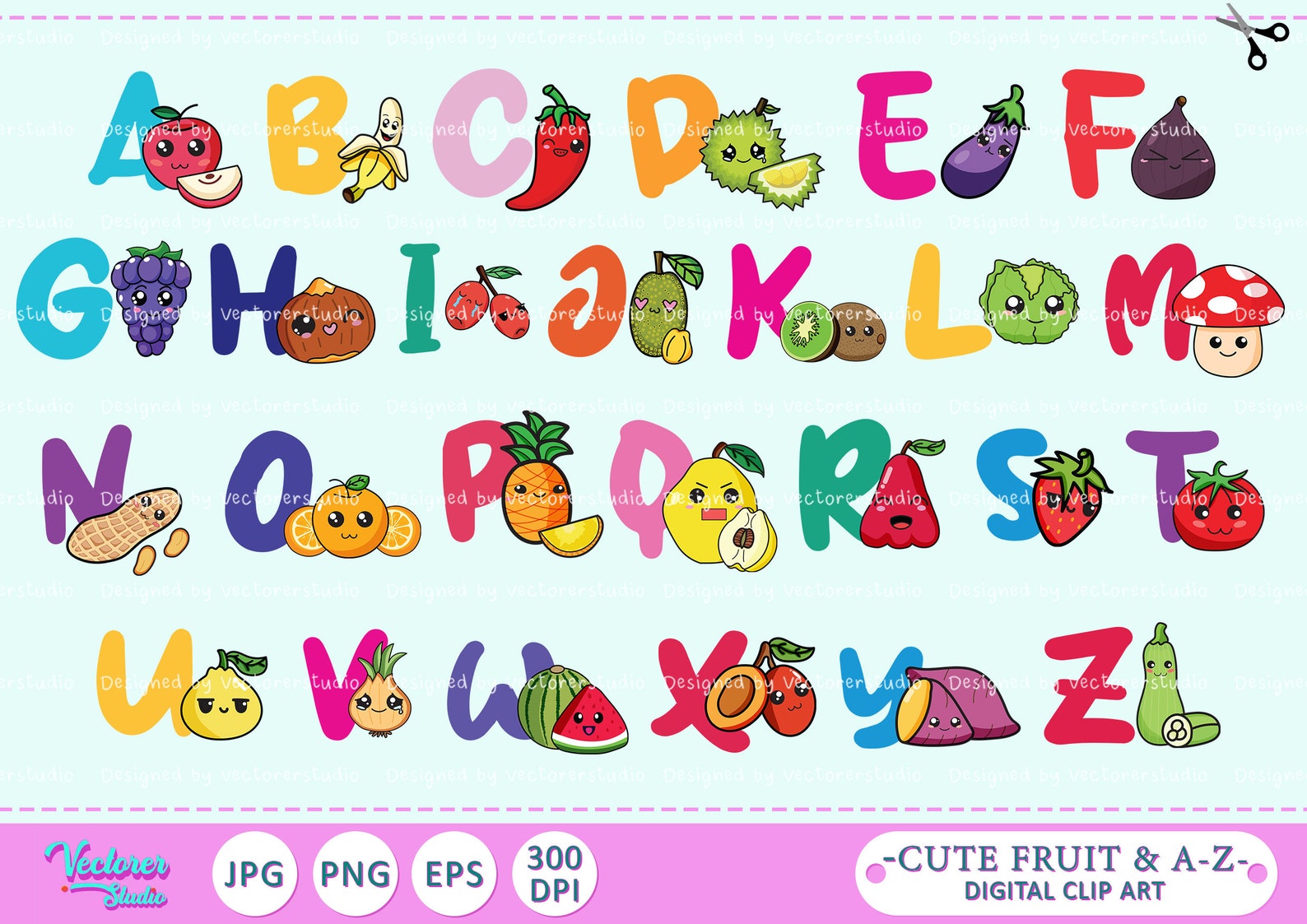 Fruit Alphabet Clip Art, Fruit A to Z Clipart, Cute A-z Clipart ...