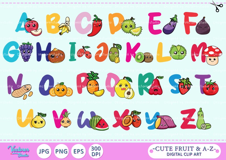 Fruit Alphabet Clip Art, Fruit A to Z Clipart, Cute A-z Clipart ...
