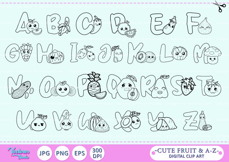 Fruit Alphabet Clip Art, Fruit A to Z Clipart, Cute A-z Clipart ...