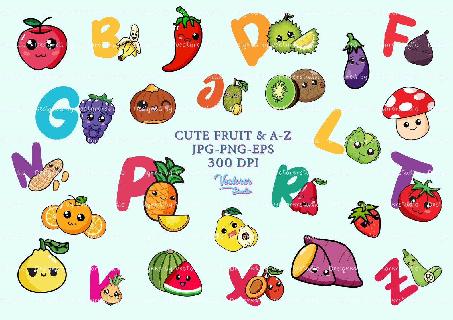 Fruit Alphabet Clip Art, Fruit A to Z Clipart, Cute A-z Clipart ...