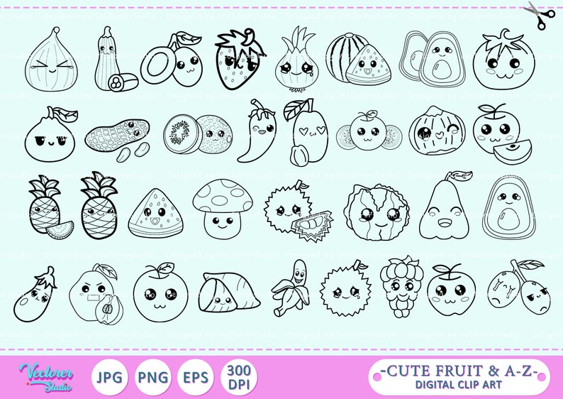 Fruit Alphabet Clip Art, Fruit A to Z Clipart, Cute A-z Clipart ...