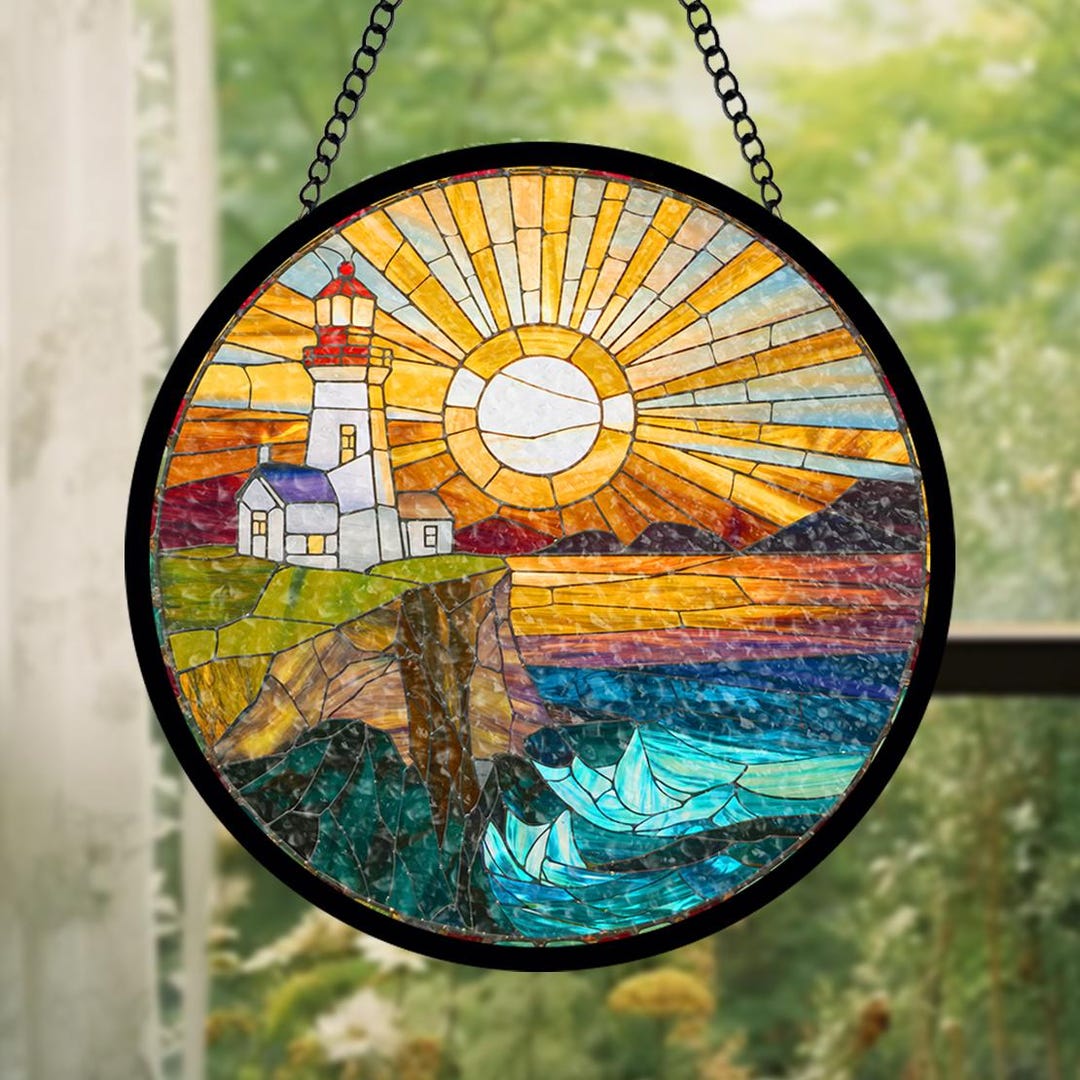 Colorful Lighthouse Suncatcher, Lighthouse Stained Glass, Housewarming ...