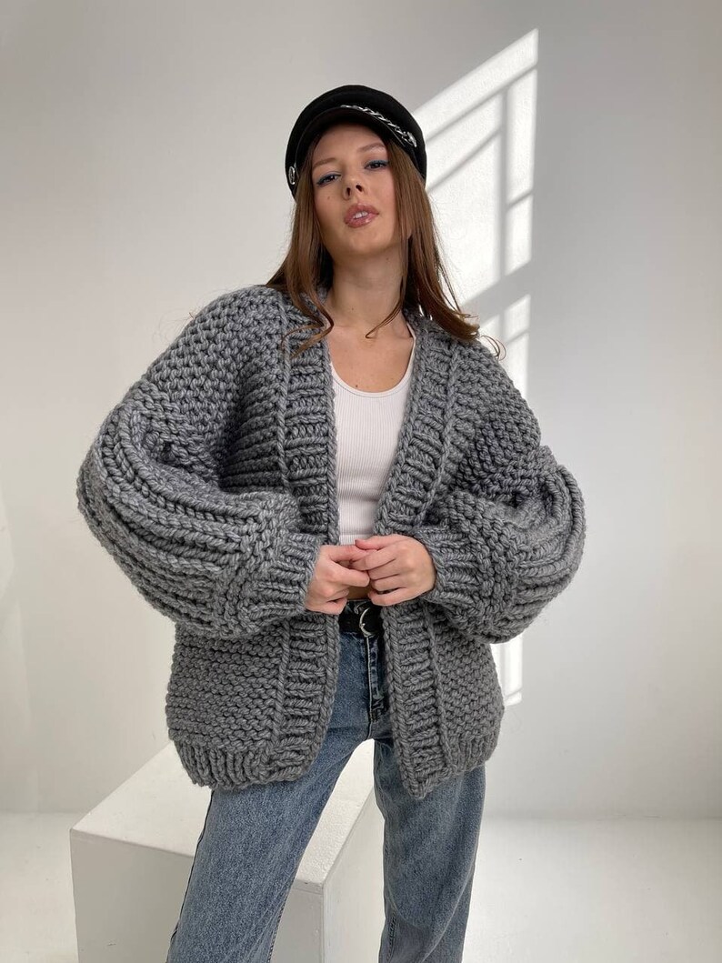 White Chunky Knit Balloon Sleeve Cardigan Oversize Cardigan - Etsy