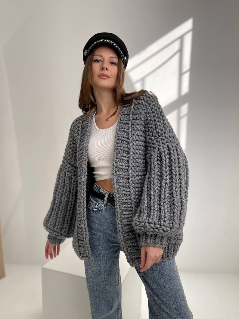 White Chunky Knit Balloon Sleeve Cardigan Oversize Cardigan - Etsy