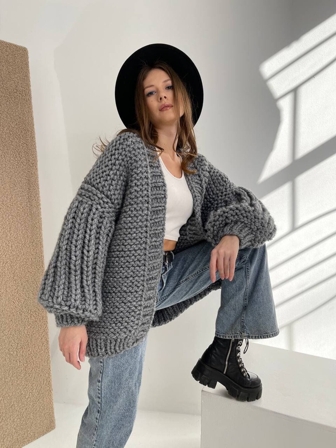 White Chunky Knit Balloon Sleeve Cardigan Oversize Cardigan - Etsy