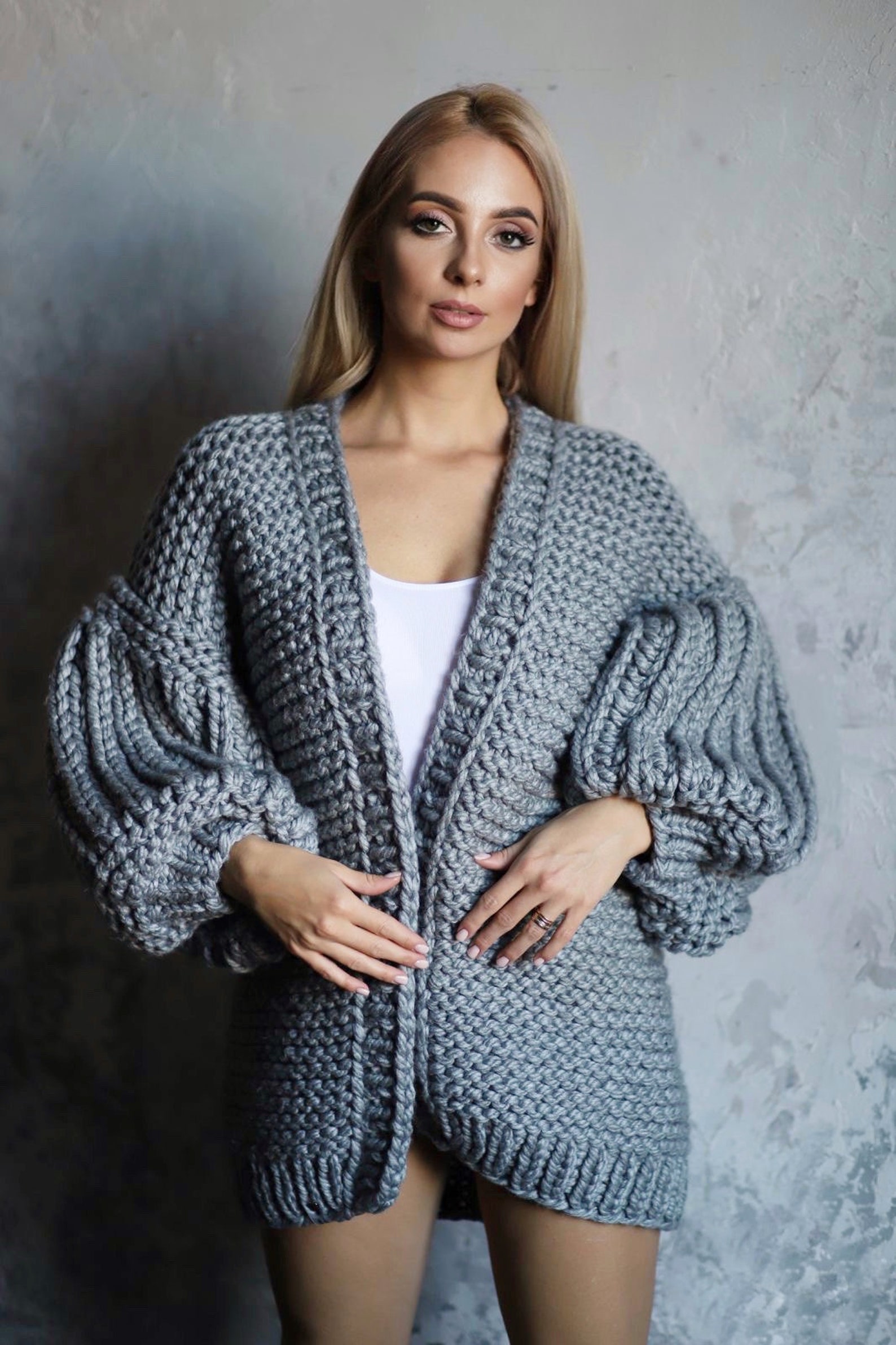 Large Balloon Sleeve Cardigan Oversized Gray Cardigan Original | Etsy